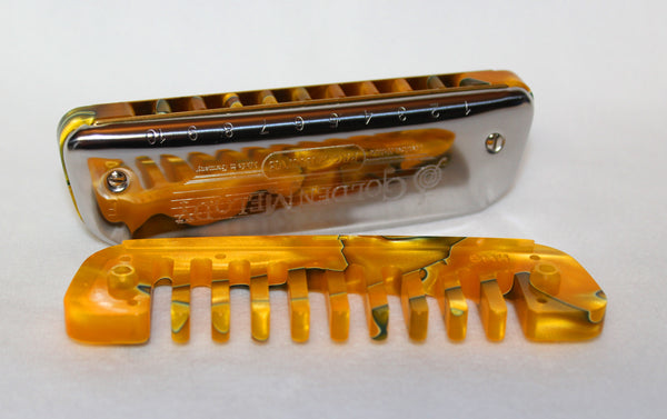 Golden Melody with Fancy Acrylic Comb – Blue Moon Harmonicas LLC